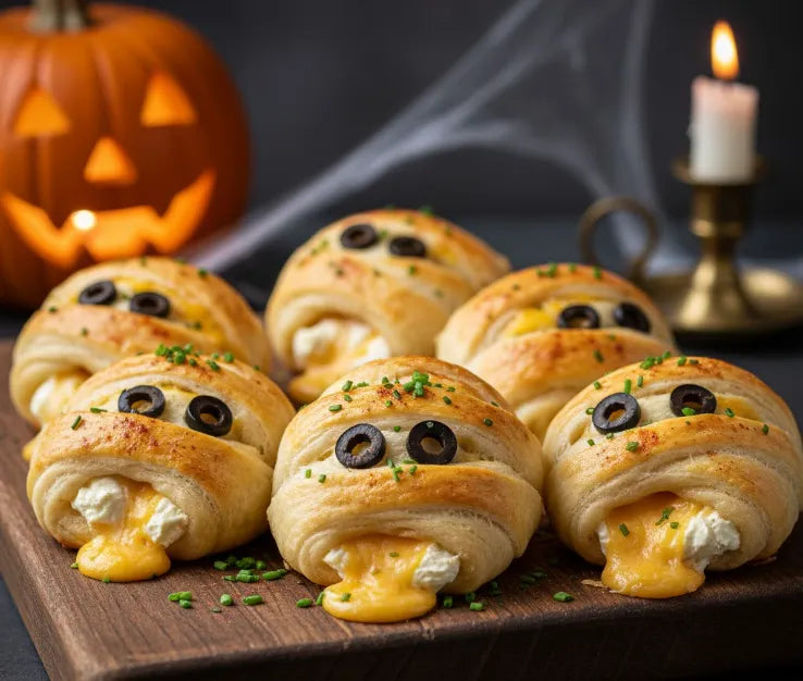 Ghostly Cheese Mummy Rolls – Geedel